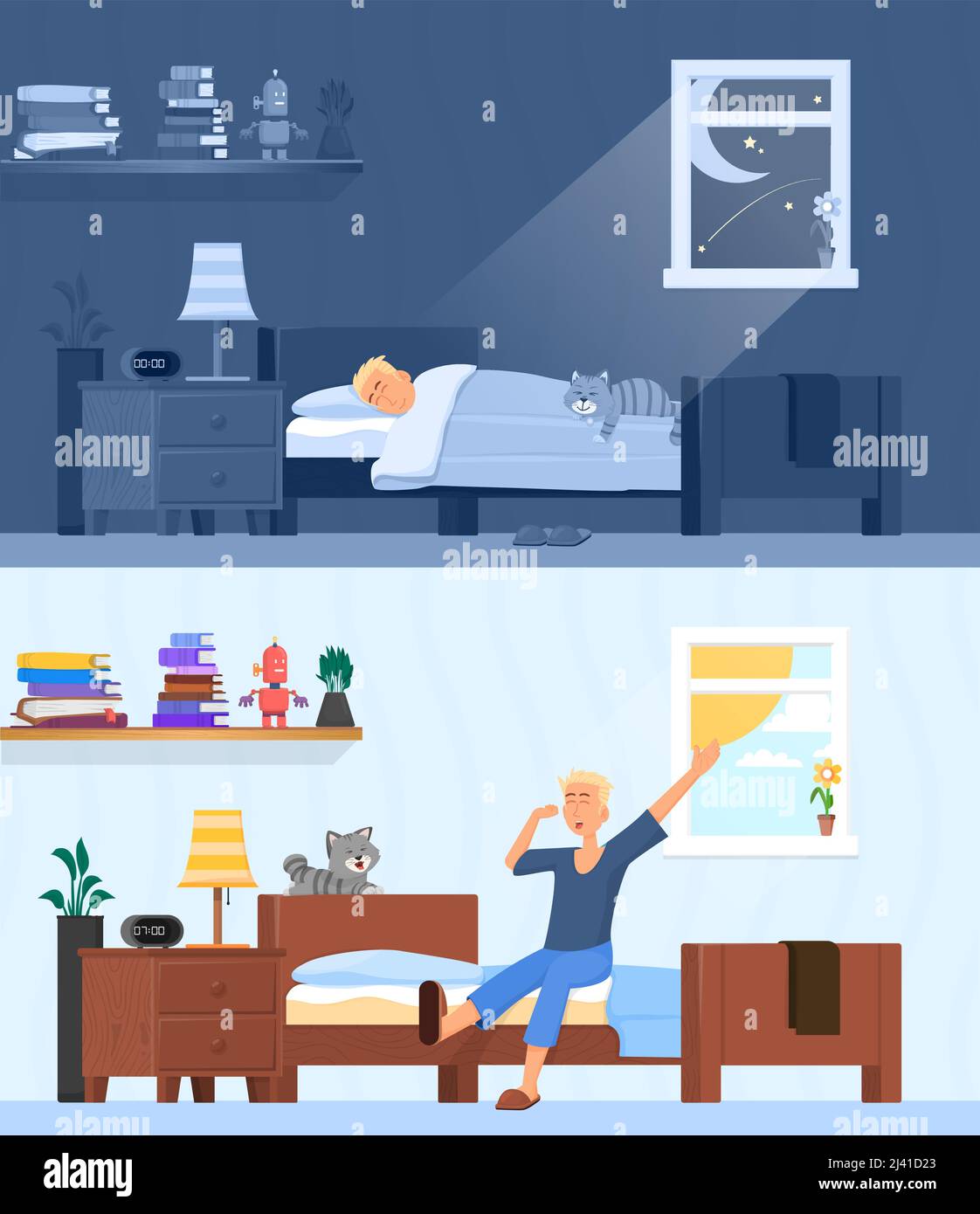 Man sleep and wake up. Awake early morning, guy sitting and stretching ...