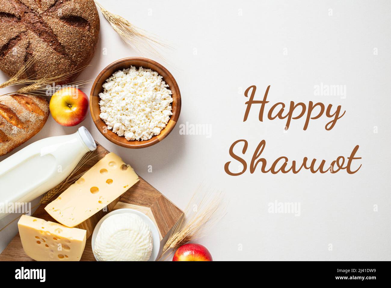 Happy Shavuot Jewish holiday greeting card, poster. Flat lay cottage ...