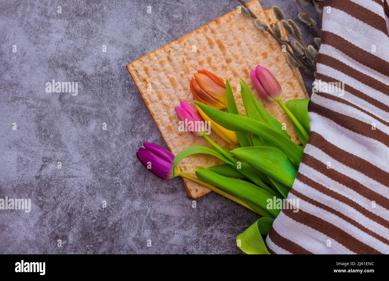 Pesach celebration holiday flowers matzah bread with Jewish Passover ...