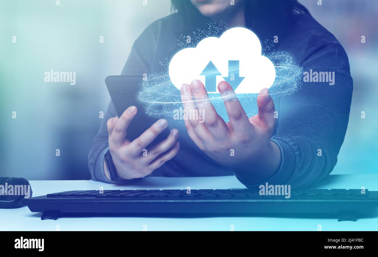 Woman using smartphone with cloud computing diagram show on hand. Cloud ...