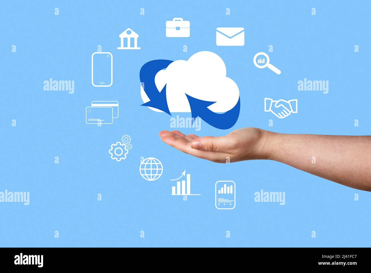 Woman hand showing cloud computing diagram. Cloud technology. Data ...