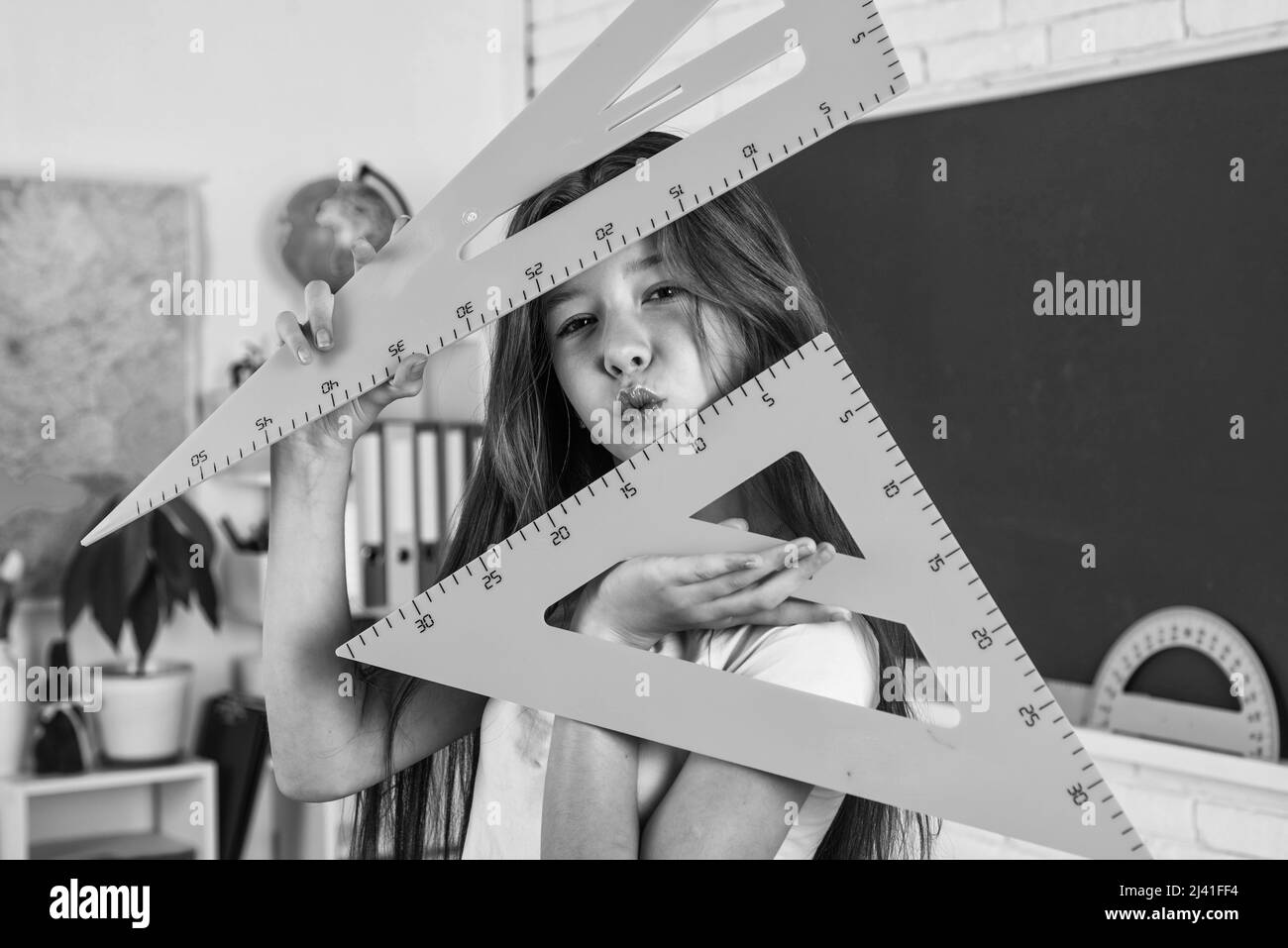 child in classroom school with geaometry triangle ruler, education ...