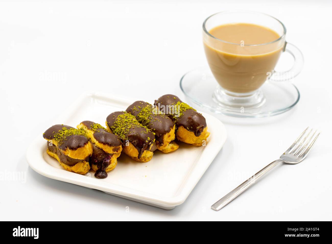 Chocolate eclair cake isolated on white background. Close-up Stock ...