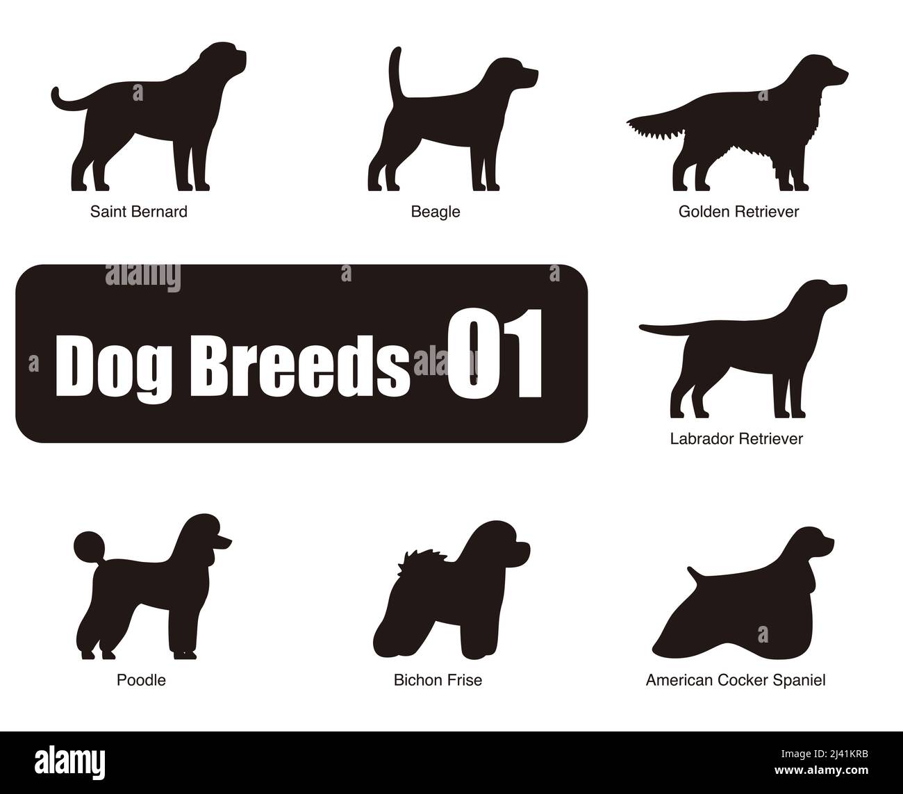 Dog breeds, standing on the ground, side view ,silhouette, black and ...