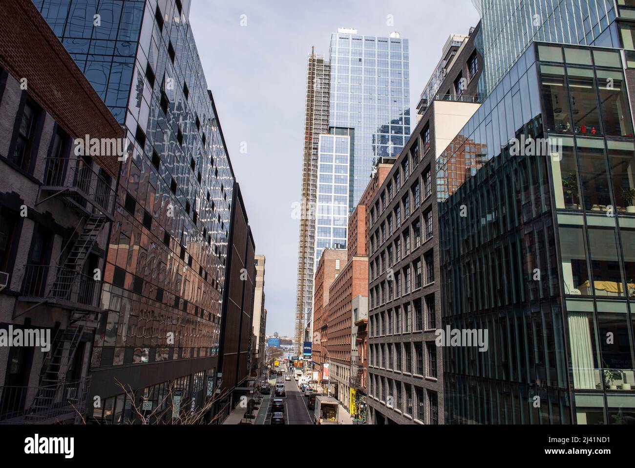 Street view from The High Line Walkway in Manhattan New York City, USA ...