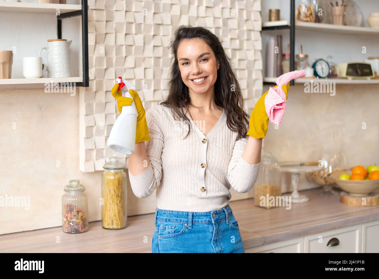 Domestic chores. Portrait of happy housewife holding spray bottle and ...