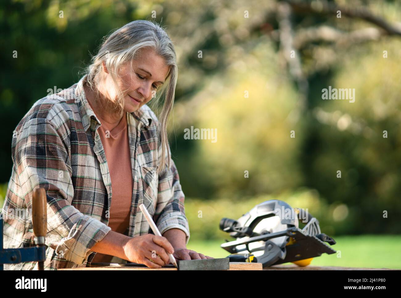 Handy female carpenter working in carpentry diy workshop outdoors Stock ...