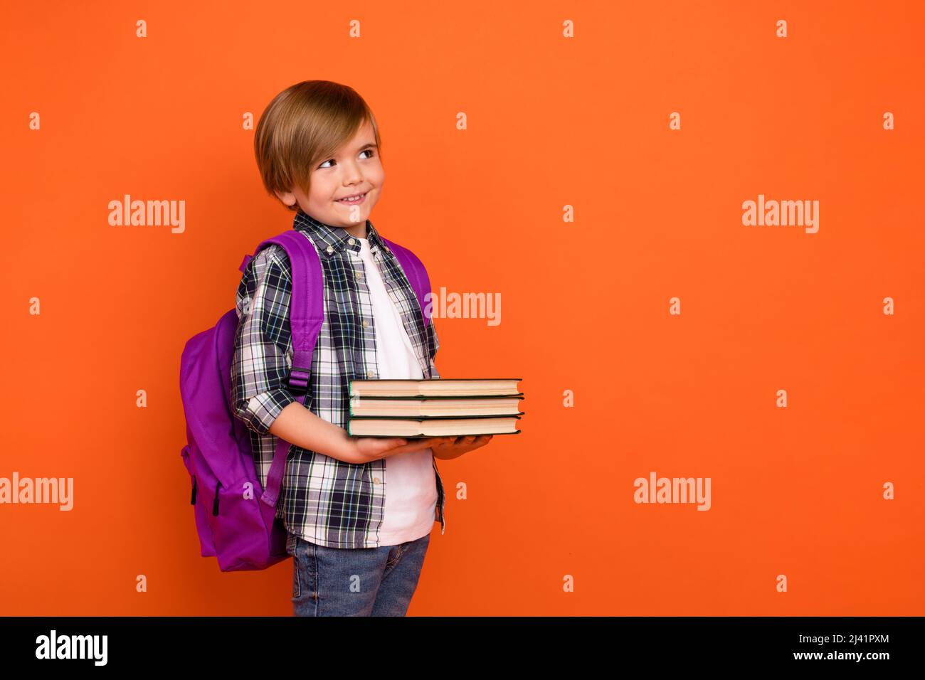 Profile side photo of young boy curious think clever look empty space ...