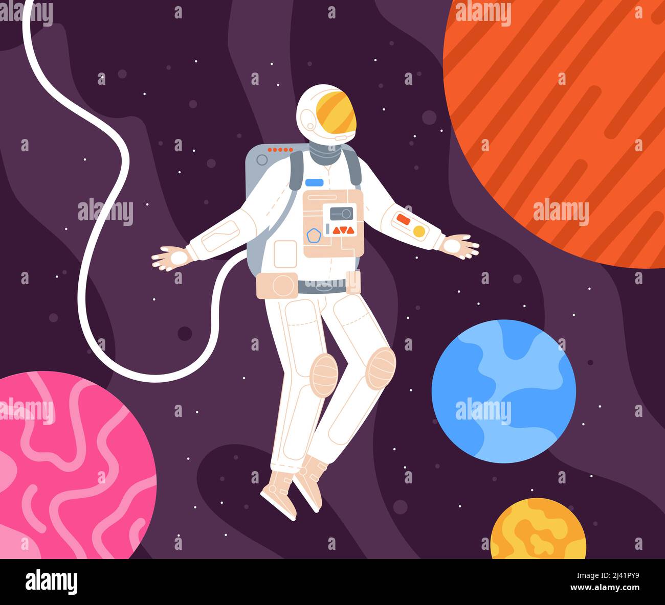 Man in cosmic spacesuite. Colorful astronaut discovery space planet ...