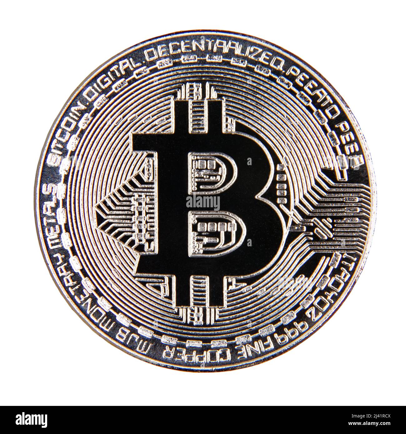 still life image of a single bitcoin made of metal isolated on white ...