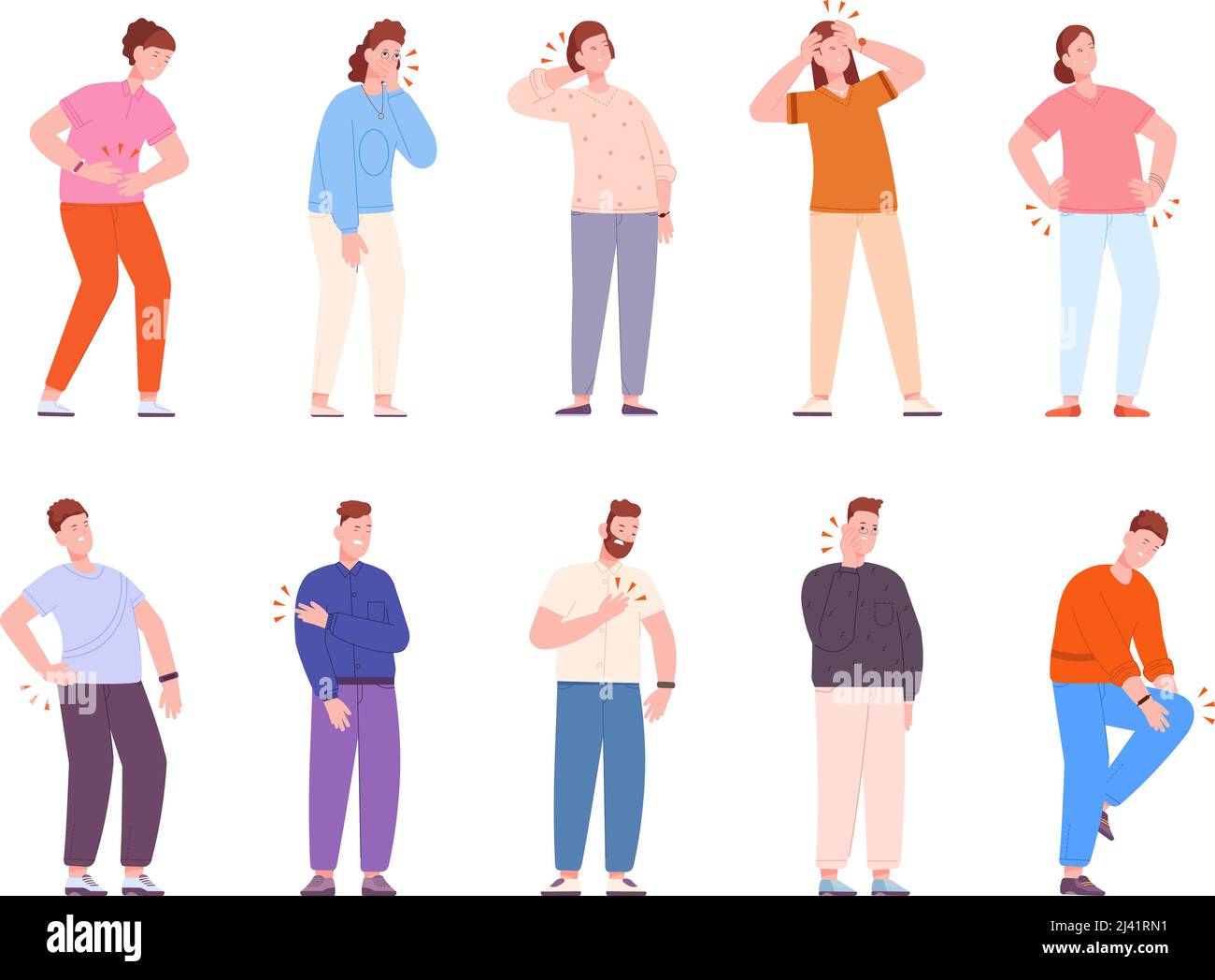 People physical hurt. Woman disease illness leg neck back, person types ...