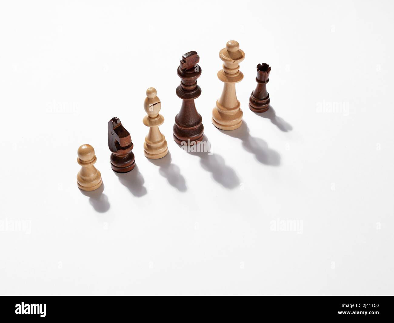 Various chess pieces on white background. Team, teamwork and diversity ...