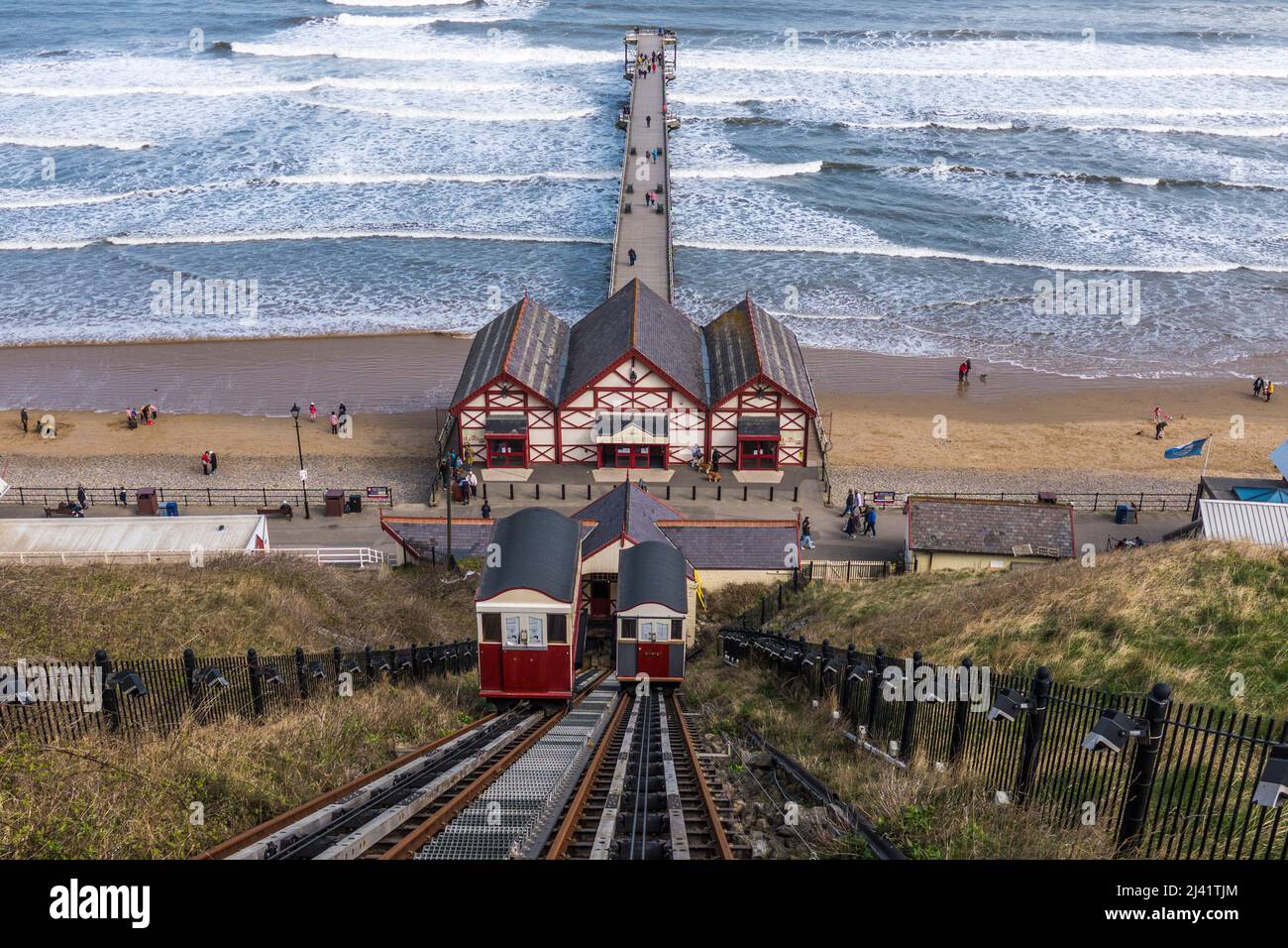 View from top of the funicular railway at Saltburn by the Sea towards ...