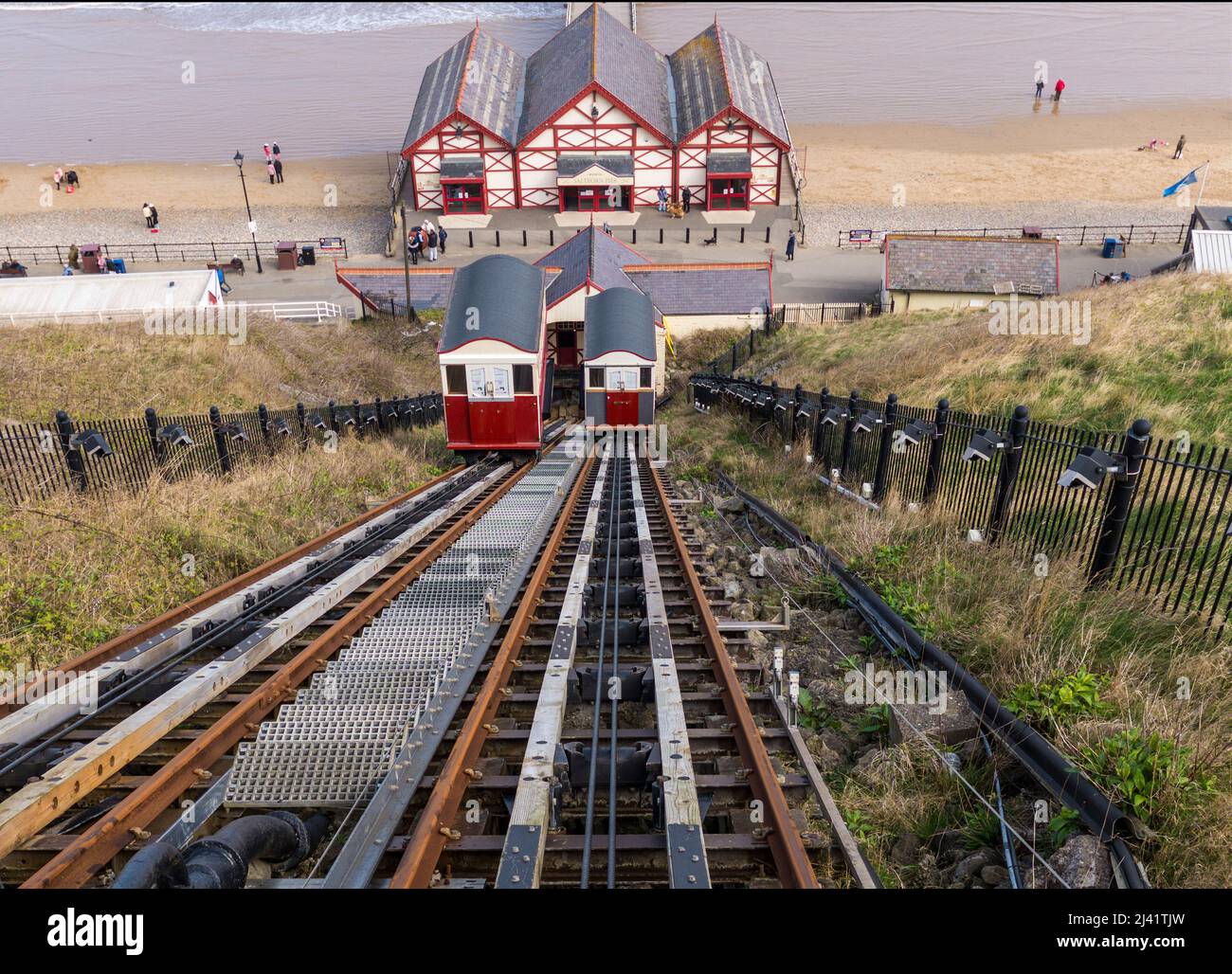 View from top of the funicular railway at Saltburn by the Sea towards ...