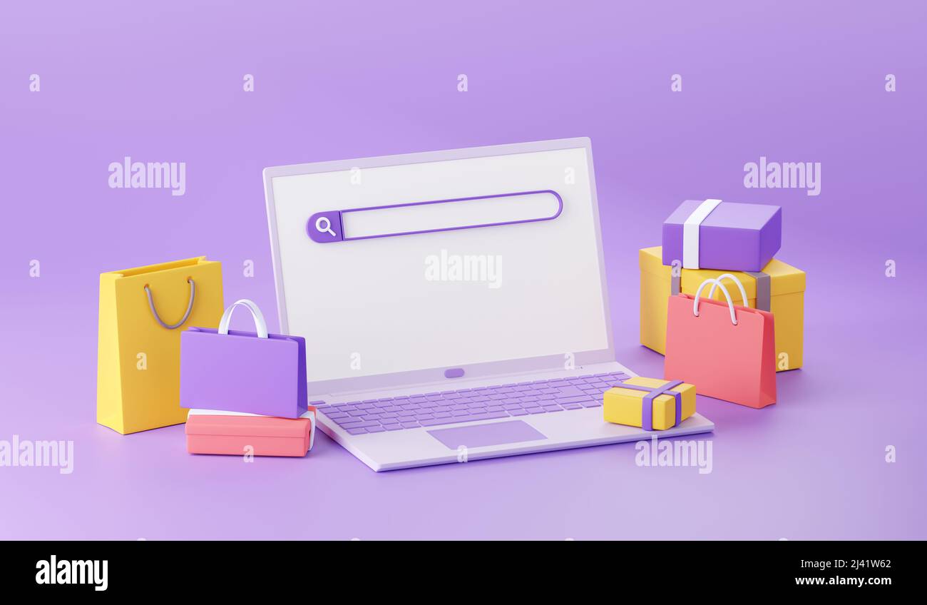 Online shopping web search concept - 3d render illustration of laptop ...