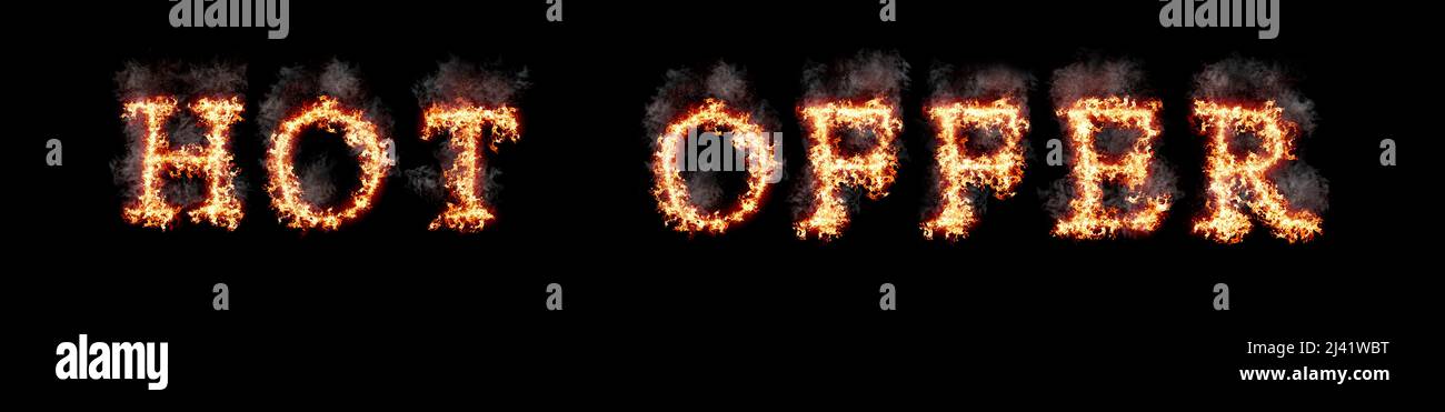 Text hot offer burning with fire and smoke, digital art isolated on ...