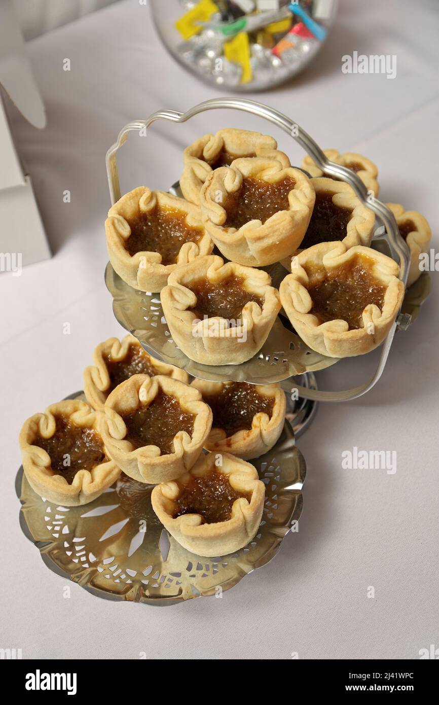 Butter Tarts Buttertarts on Silver Stand on White Dessert Table Stock ...