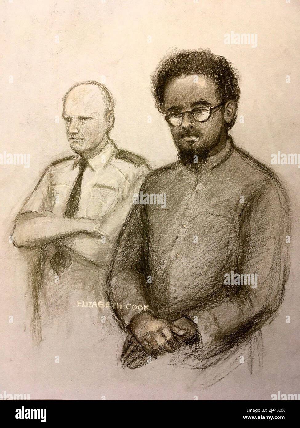 File court artist sketch dated 28/03/22 by Elizabeth Cook of Ali Harbi ...