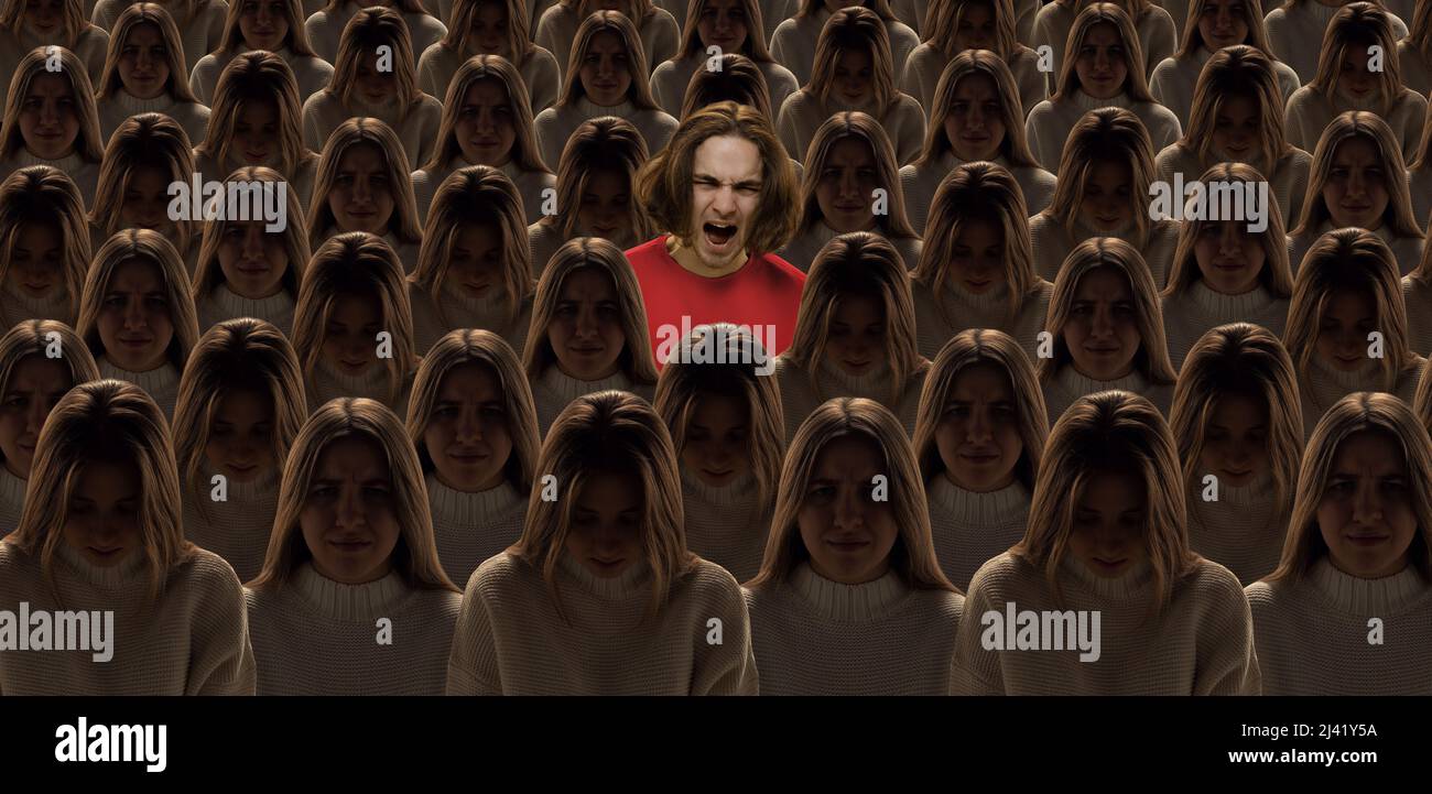 Conceptual creative collage with grey crowd of identical people and ...