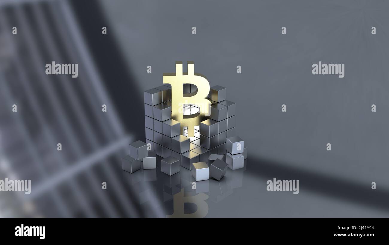 3d render of a golden BTC Bitcoin Symbol bursting out of a steel cube ...