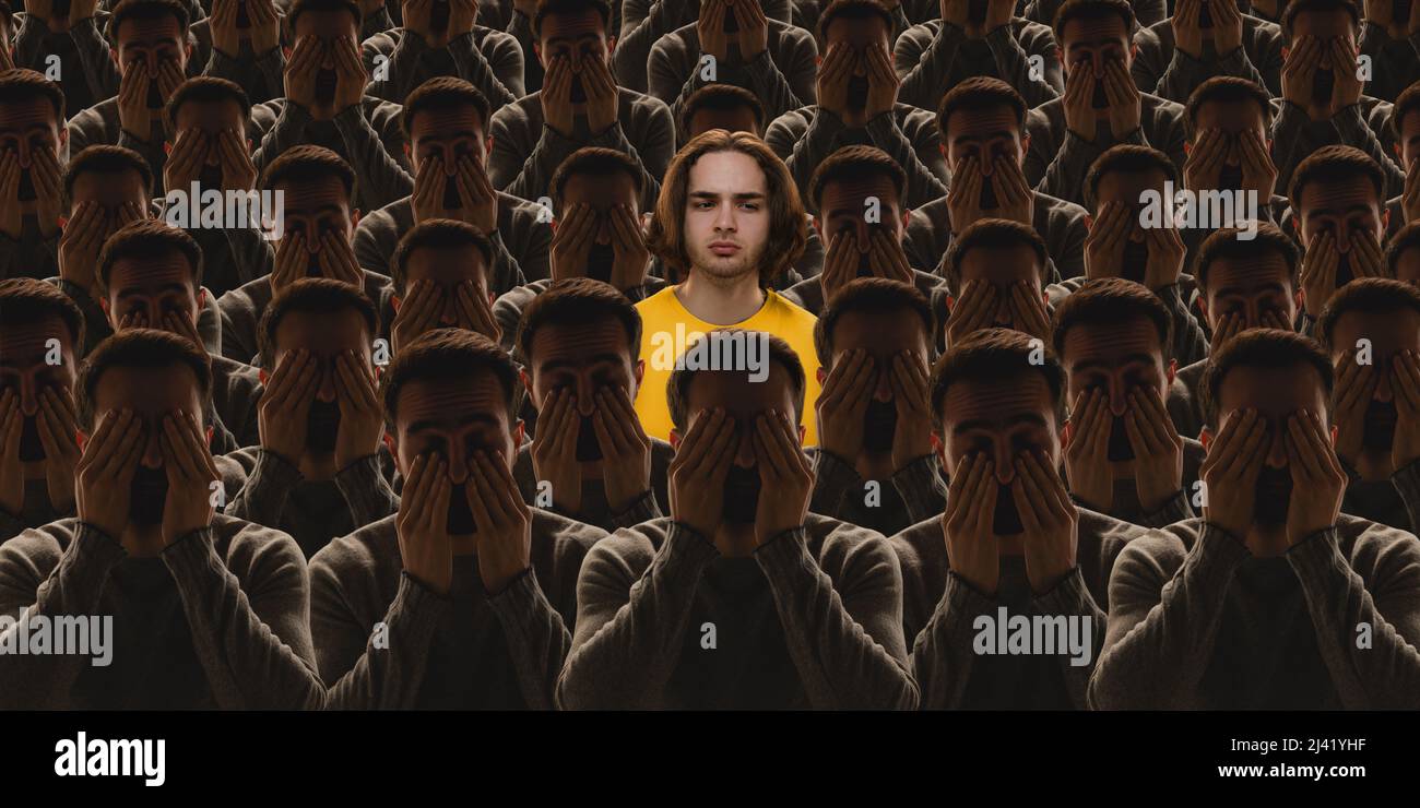 Conceptual creative collage with grey crowd of identical people and ...