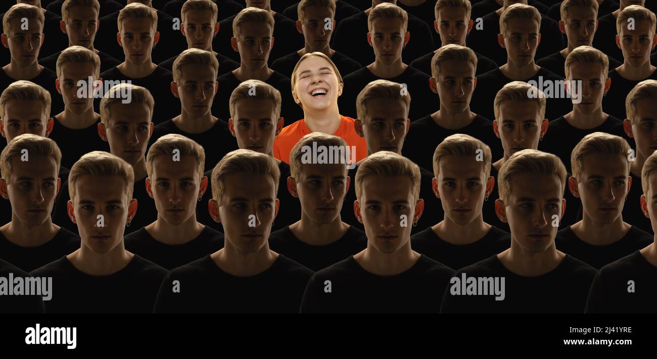 Top view of grey crowd of identical people with same emotions and one ...