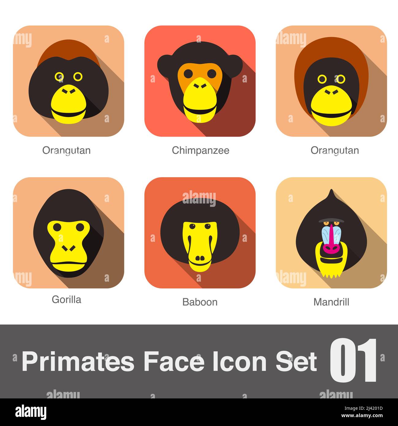 cute monkey face flat icon set vector illustration Stock Vector Image ...
