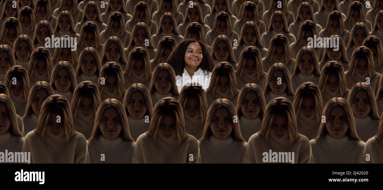 Top view of grey crowd of identical people with same emotions and one ...