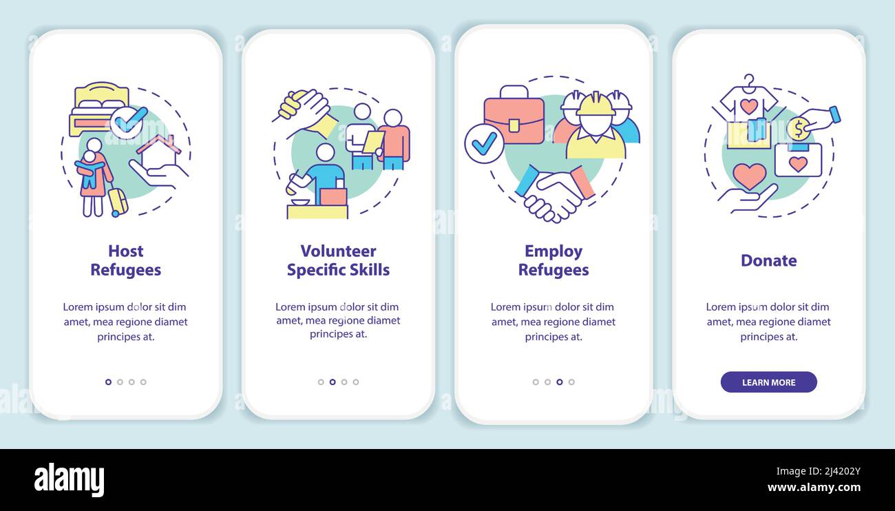 Helping and supporting refugees onboarding mobile app screen Stock ...