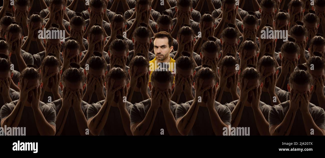 Conceptual creative collage with grey crowd of identical people and ...