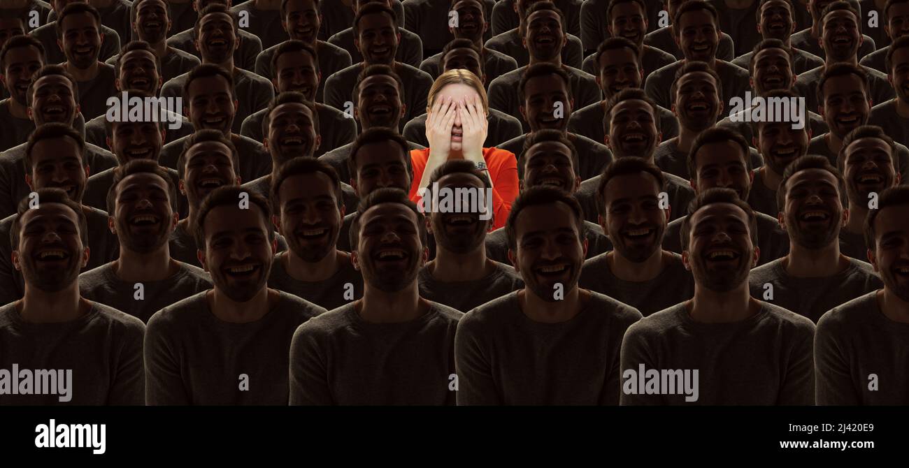 Conceptual collage with crowd of identical people with same emotions ...