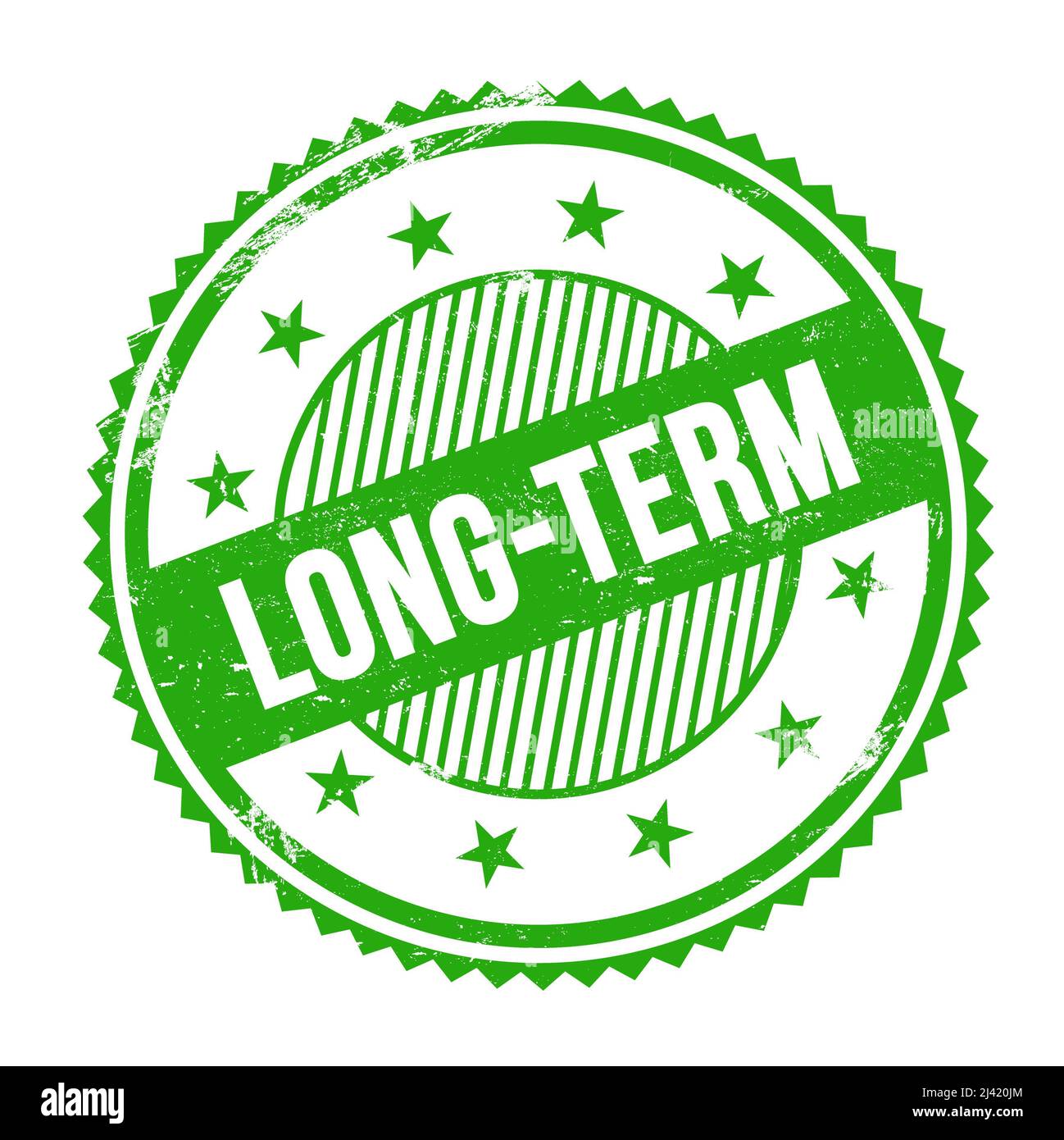 LONG-TERM text written on green grungy zig zag borders round stamp ...