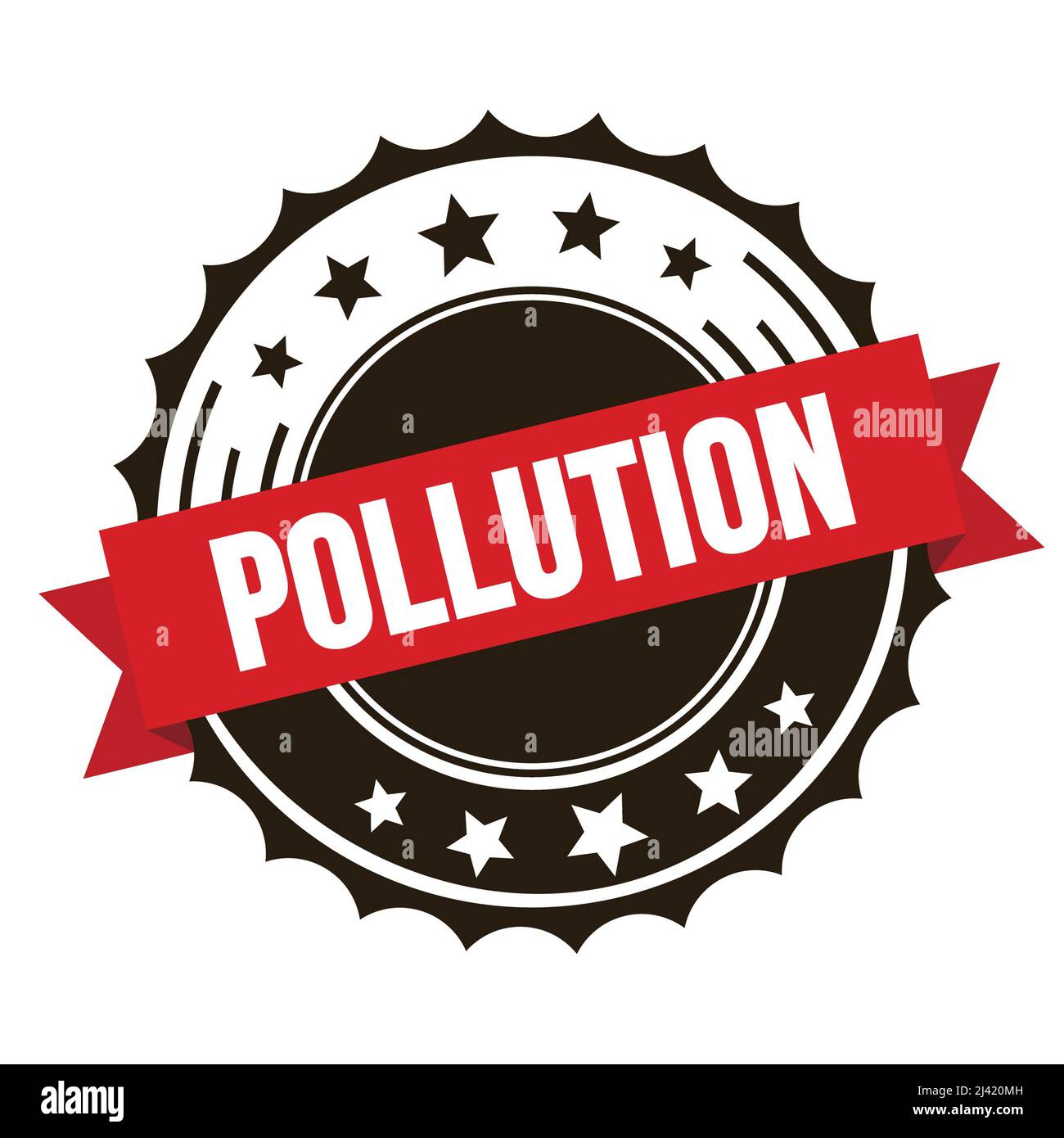 POLLUTION text on red brown ribbon badge stamp Stock Photo - Alamy