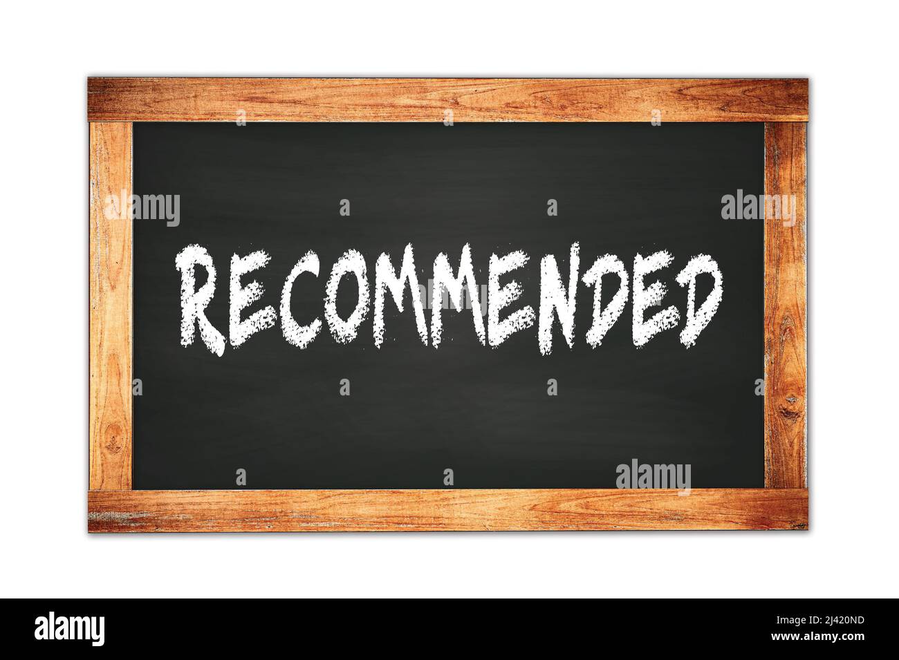 RECOMMENDED text written on black wooden frame school blackboard Stock ...