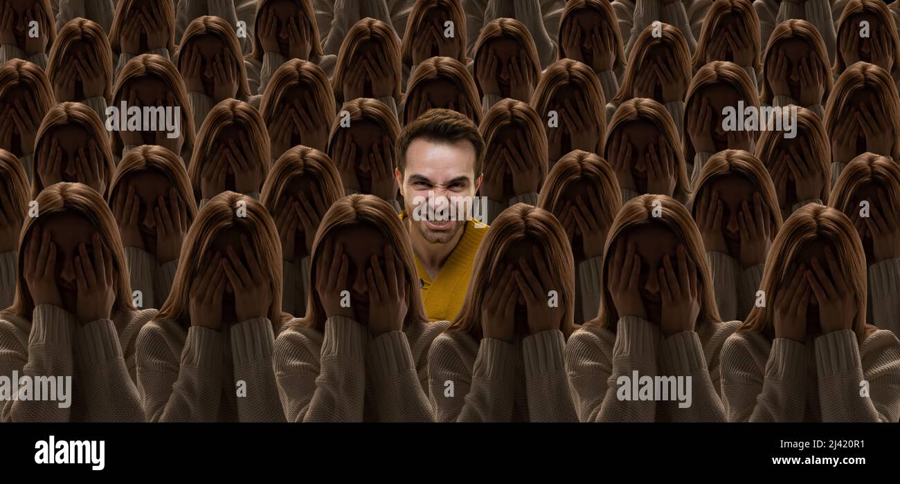Conceptual creative collage with grey crowd of identical people and ...