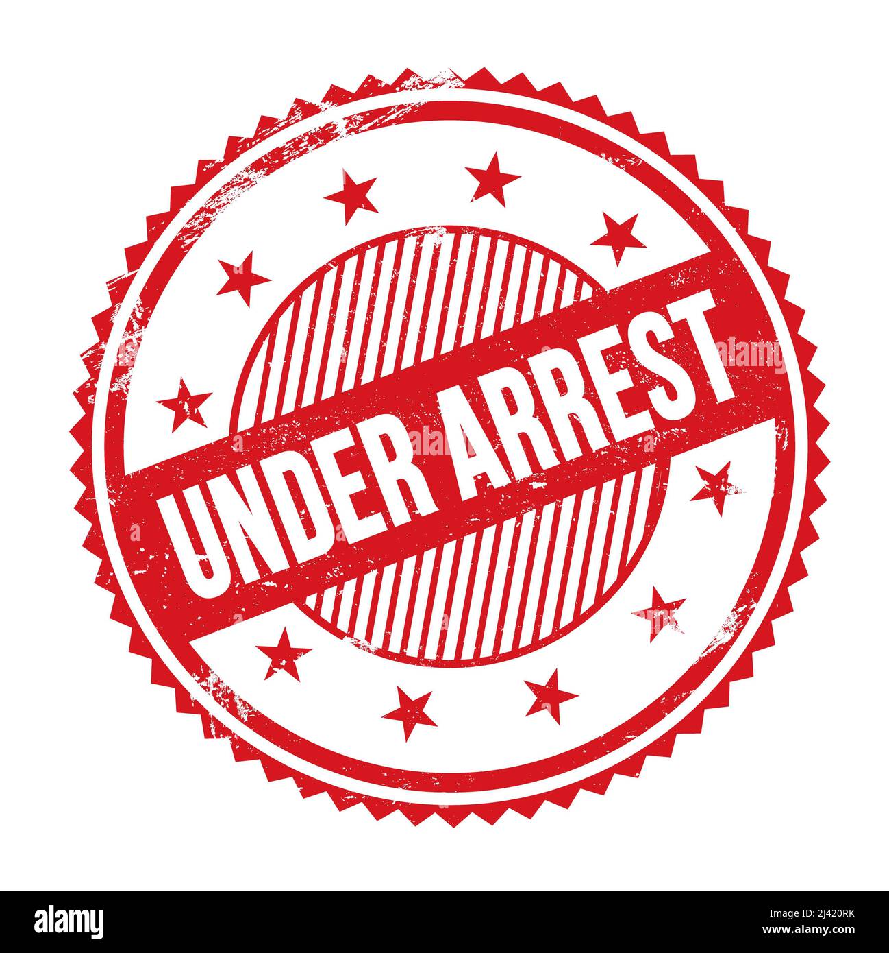 UNDER ARREST text written on red grungy zig zag borders round stamp ...