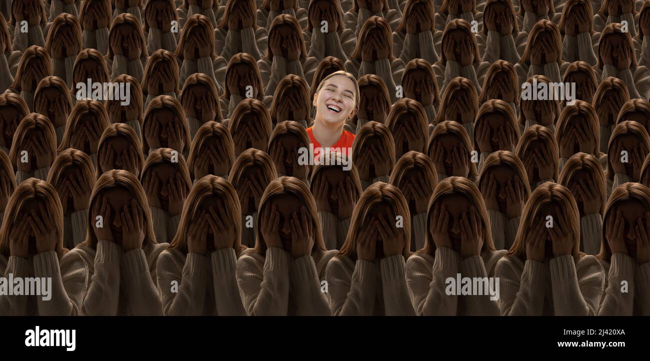 Conceptual collage with crowd of identical people with same emotions ...