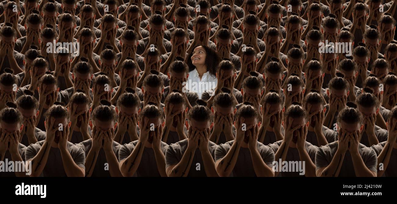 Conceptual collage with crowd of identical people with same emotions ...