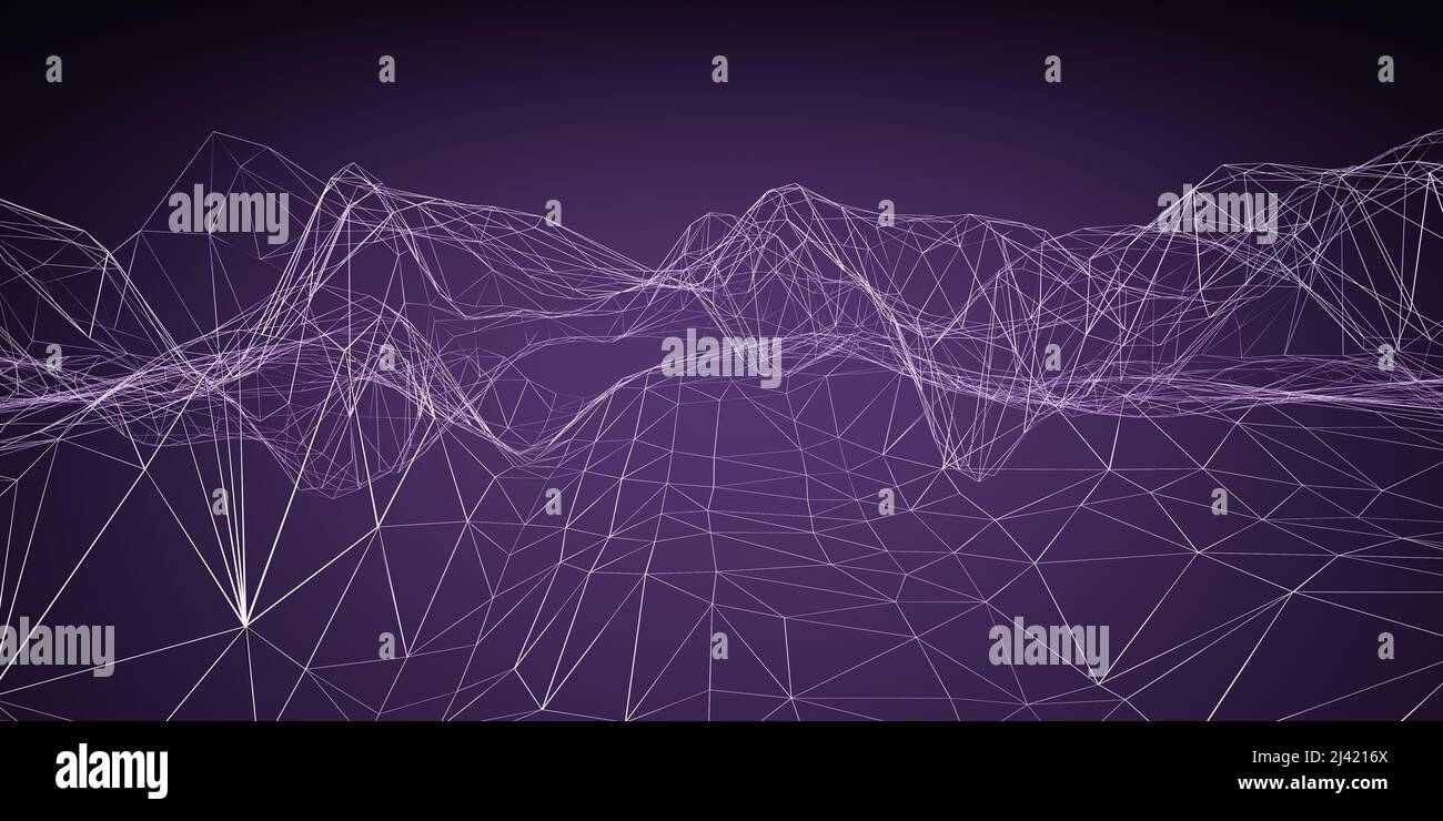 Low-poly wireframe virtual landscape on dark purple background Stock ...