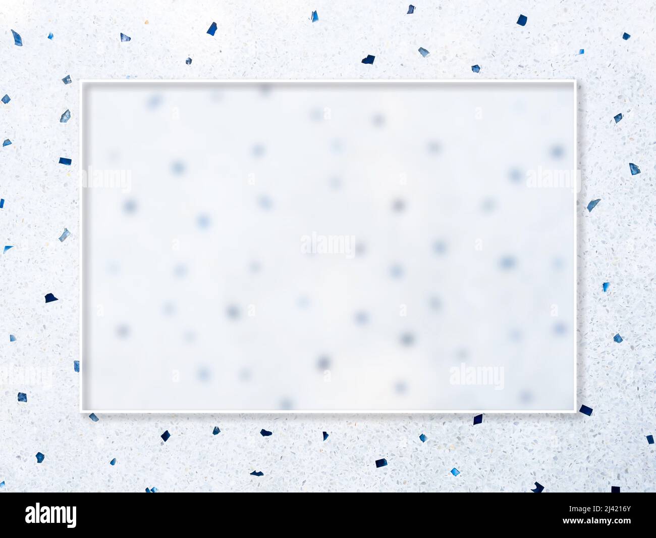 A transparent glass square border frame on white floor with many blue ...