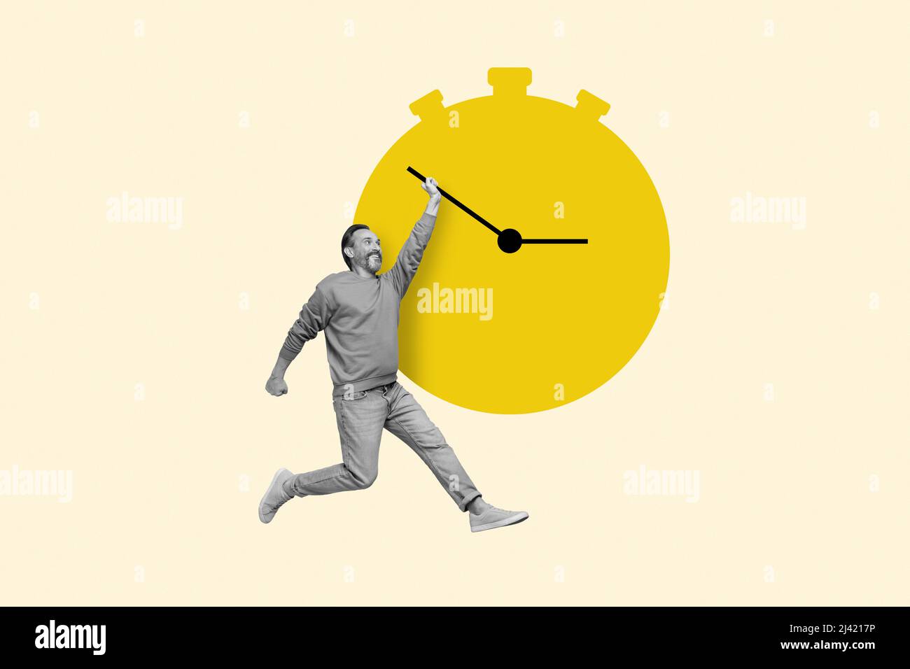 Unusual photo collage aged mature male character trying to stop slow ...