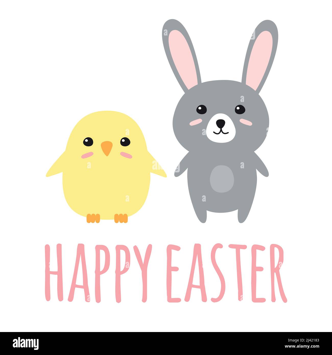 Vector flat cartoon bunny and chick with happy Easter text isolated on ...