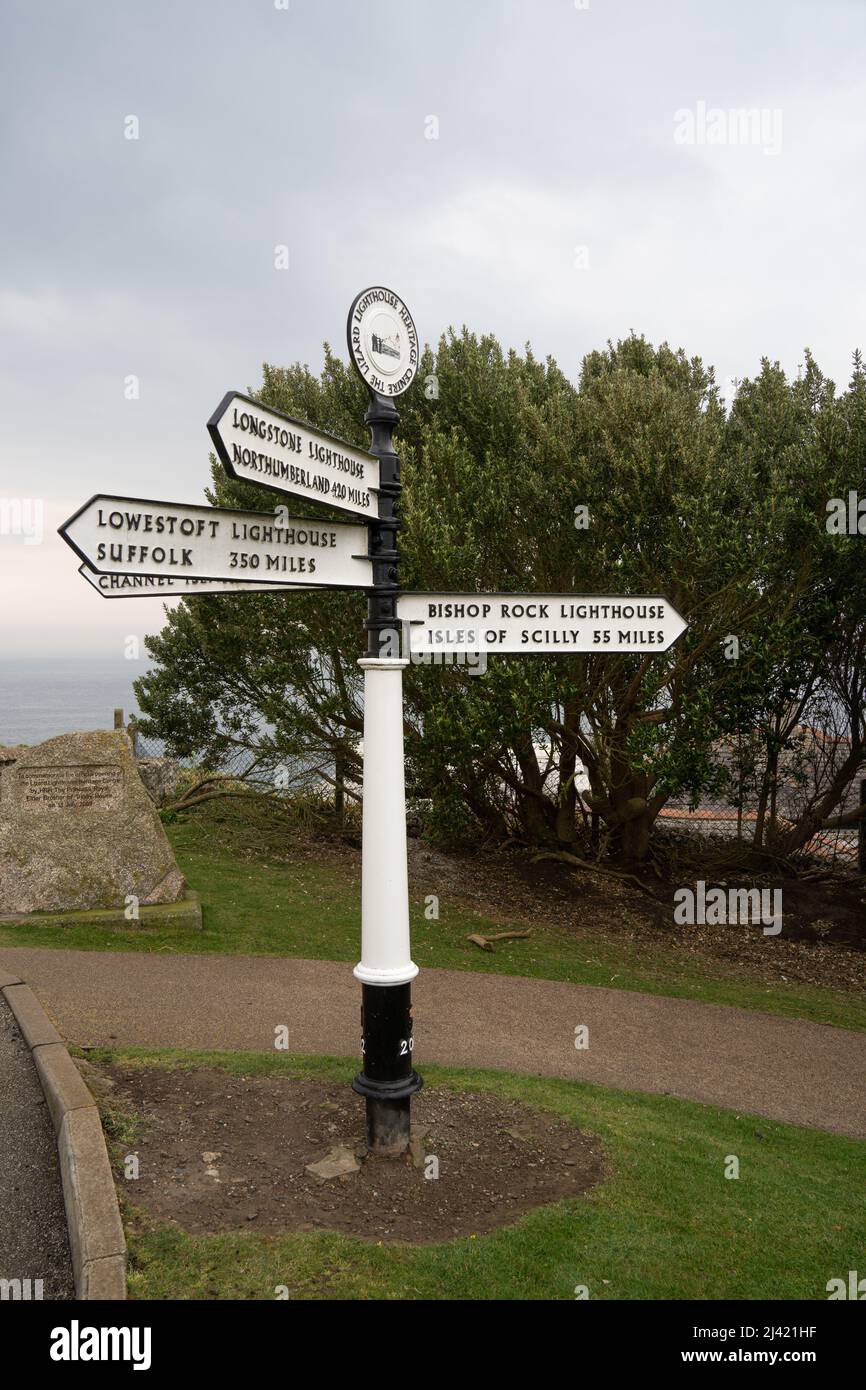 Signpost at Lizard Lighthouse Heritage Centre, Lizard Point, Cornwall ...