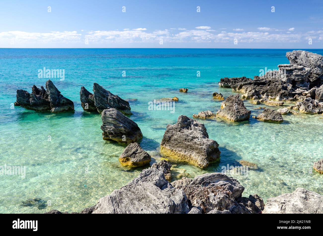 North side shoreline in Bermuda. Beach and rock formation located north ...