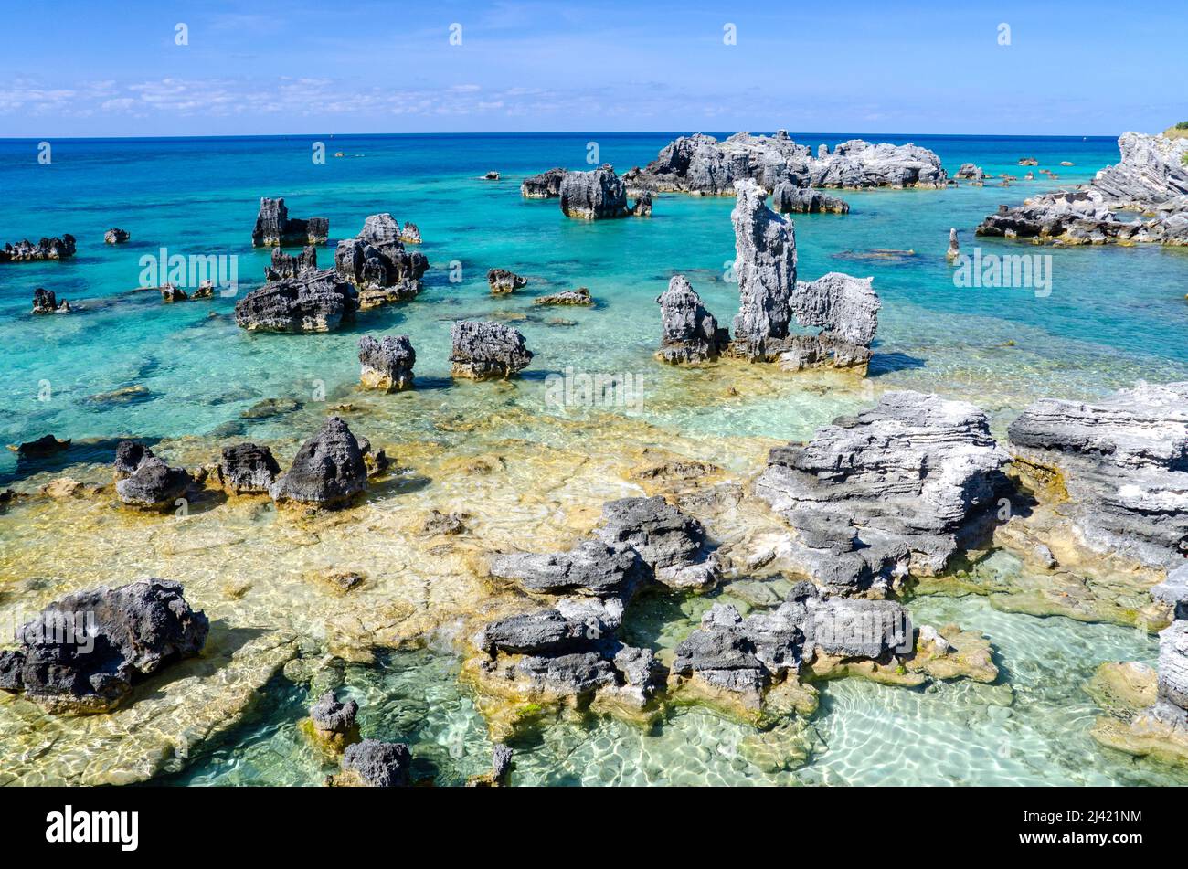 North side shoreline in Bermuda. Beach and rock formation located north ...