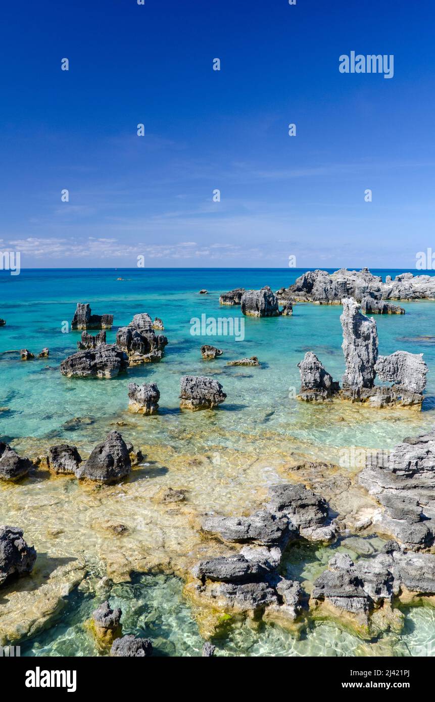 North side shoreline in Bermuda. Beach and rock formation located north ...