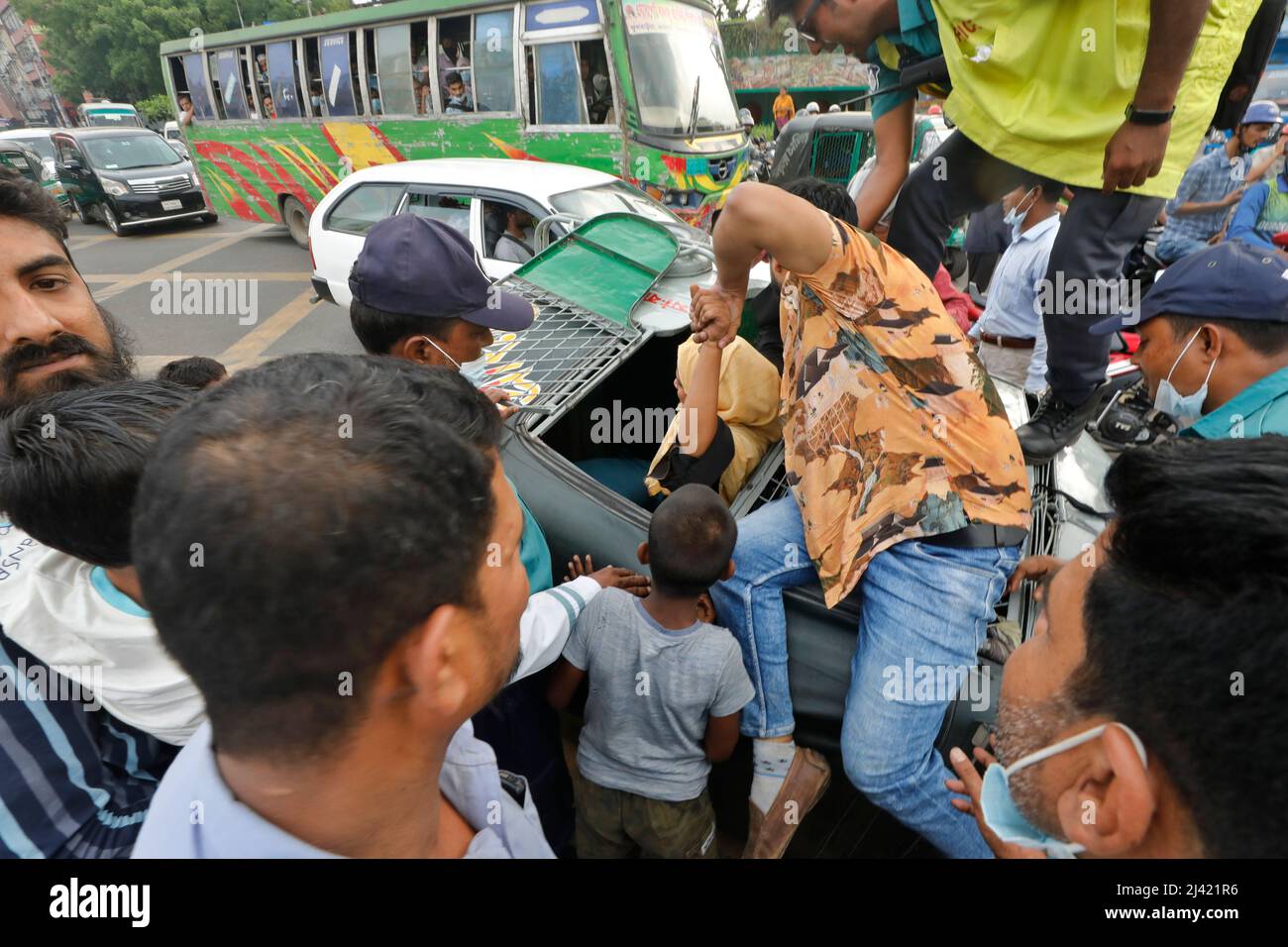 Dhaka, Bangladesh - April 11, 2022: The auto rickshaw overturned after ...