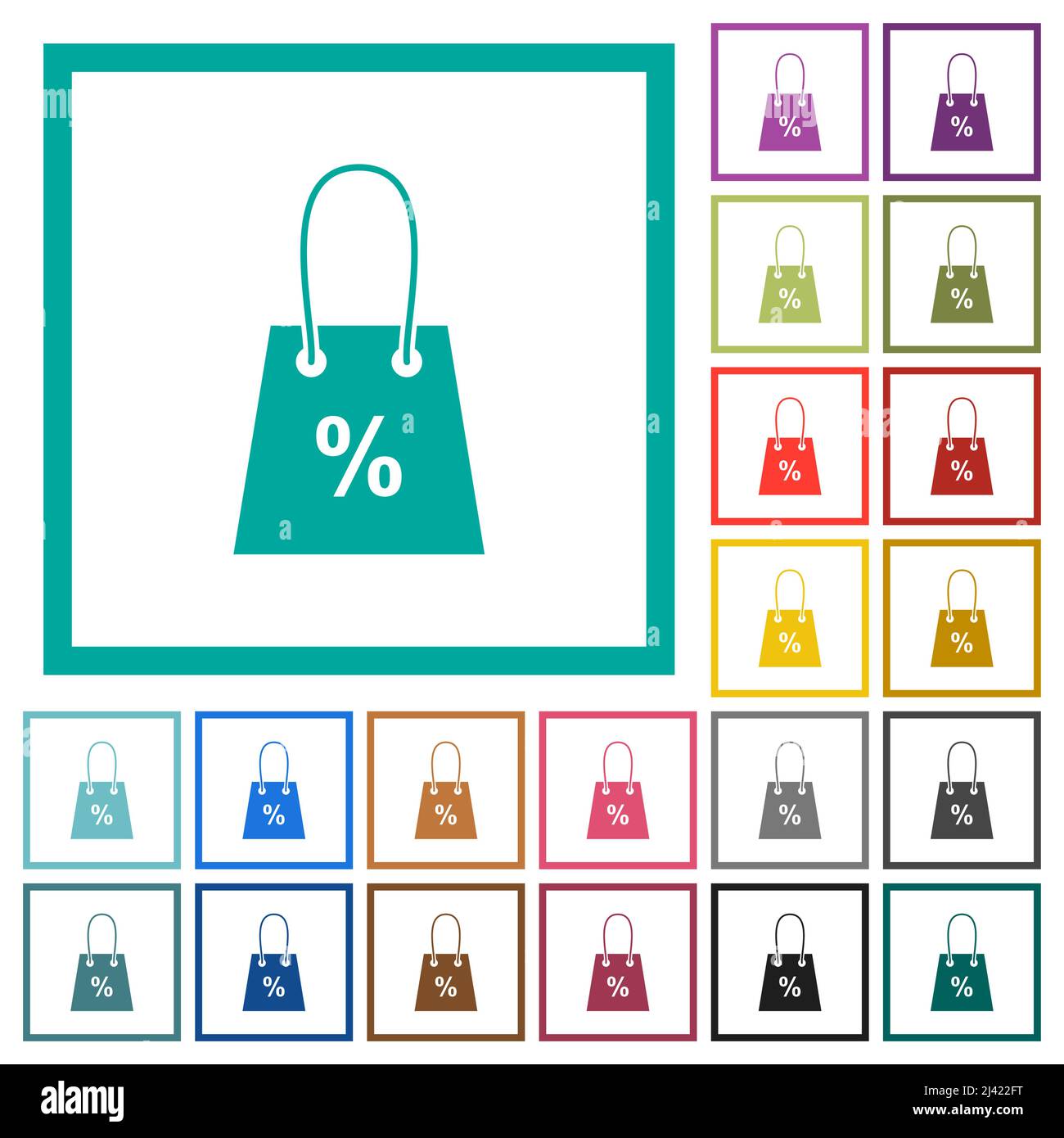 Shopping bag with percent sign flat color icons with quadrant frames on ...