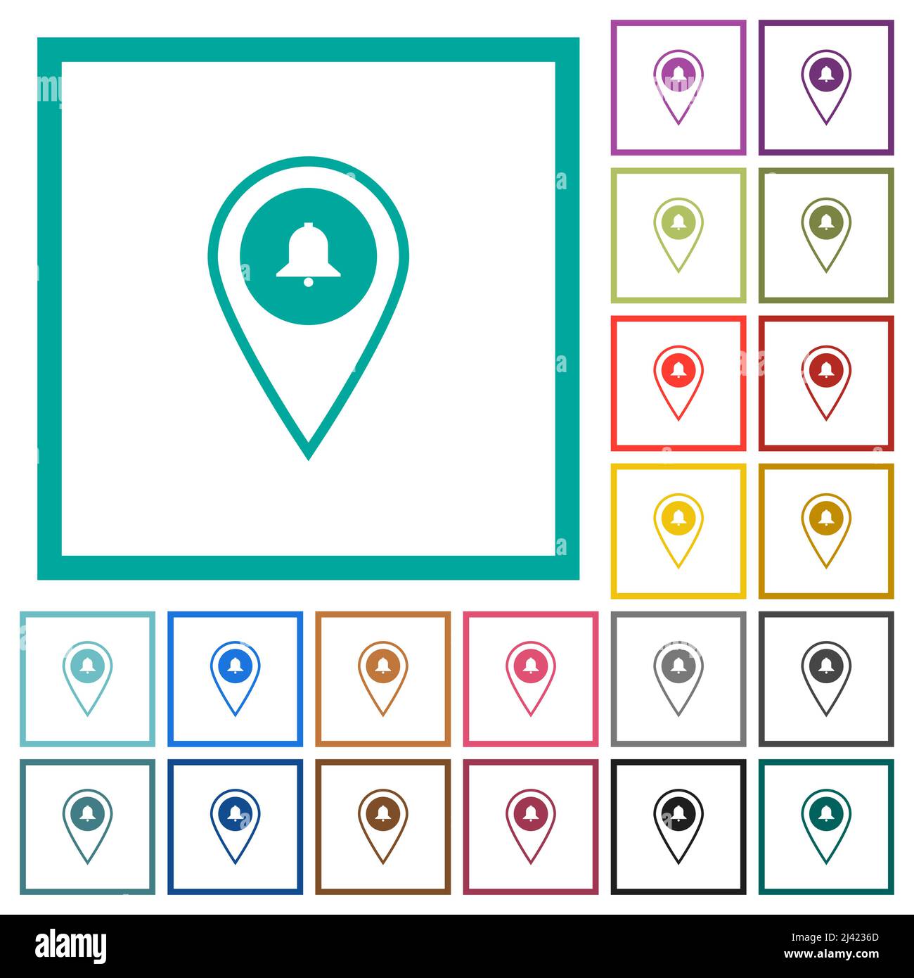 GPS location alarm flat color icons with quadrant frames on white ...