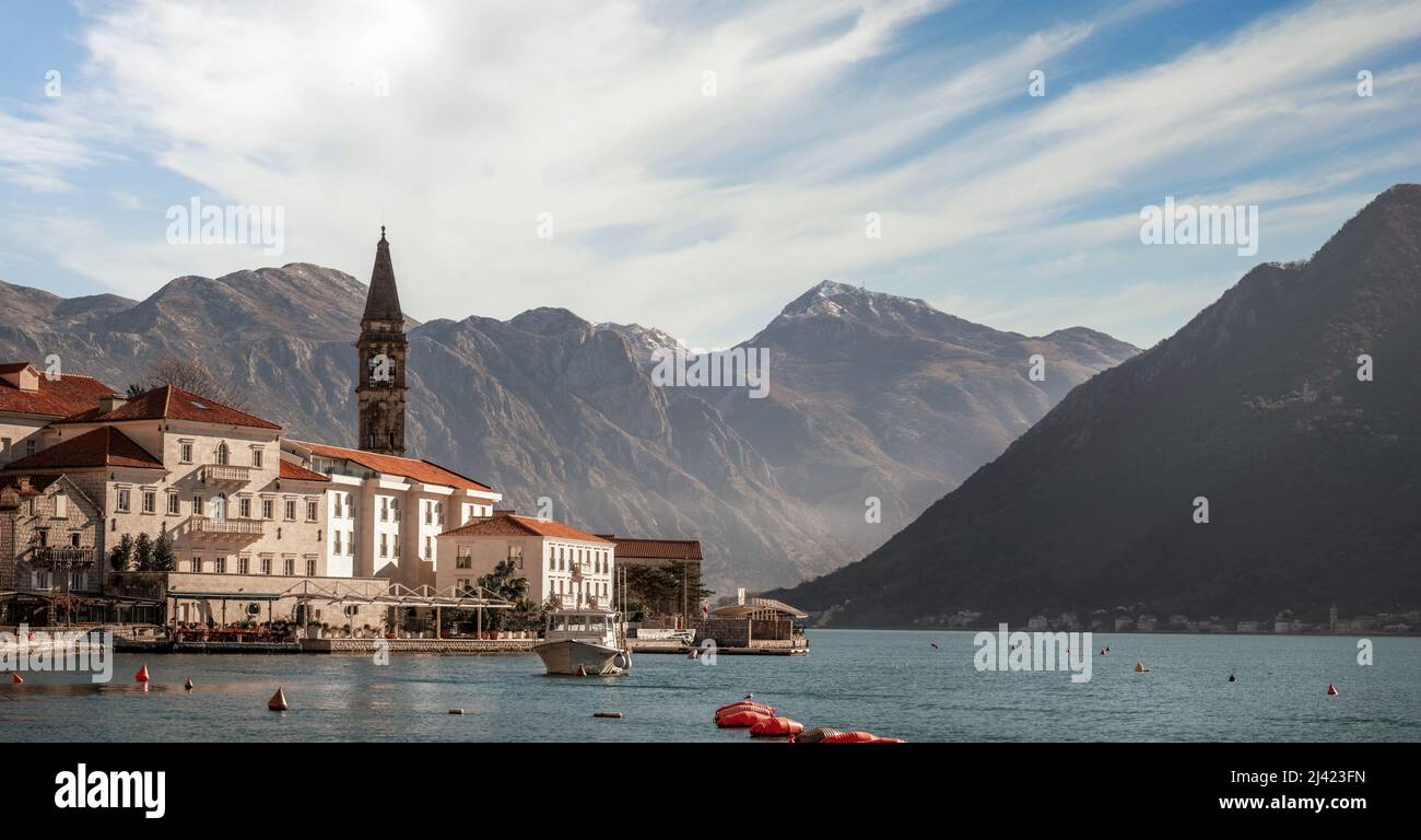 Scenic panorama view of the historic town of Perast located at world ...